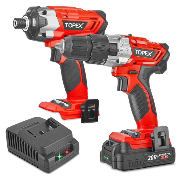 TOPEX 20V Cordless Drill Impact Driver Combo Kit w/ 2 Batteries Charger ...